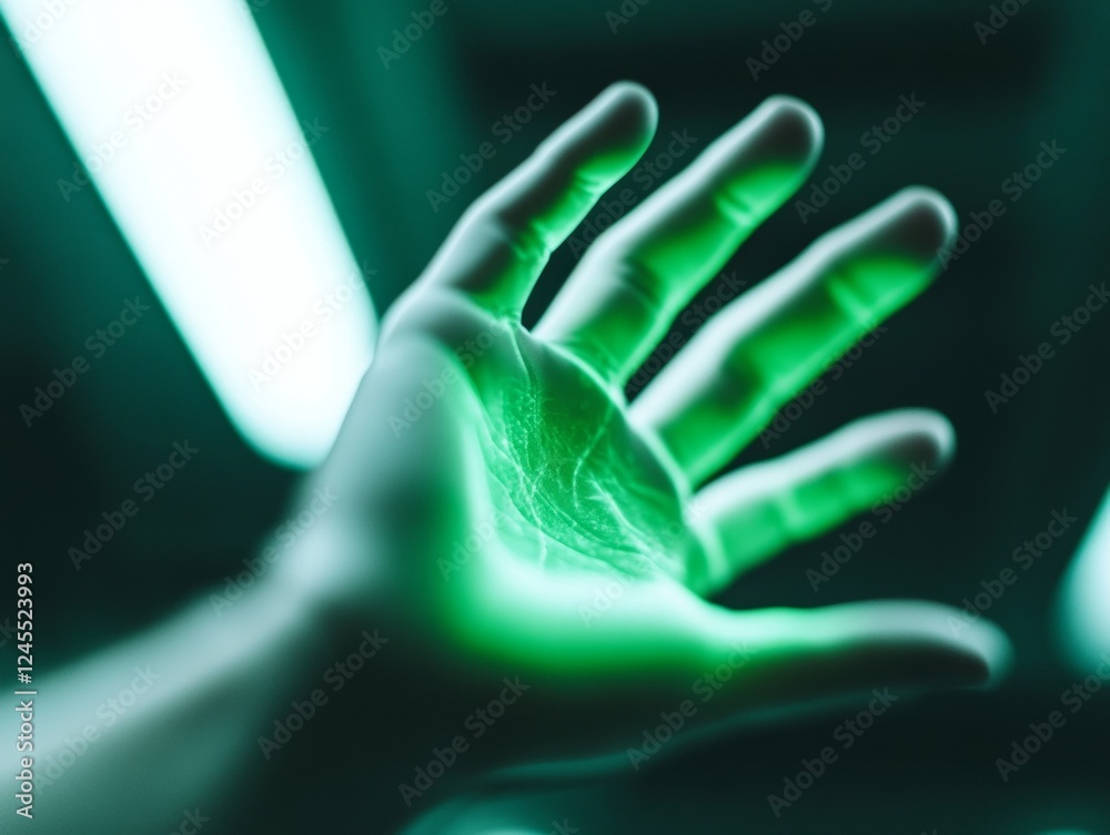 Futuristic Cosmic Wonder Three-Fingered Humanoid Alien Hand Emit Green ...