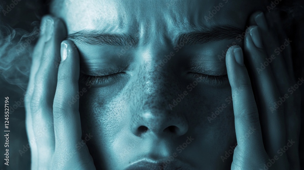 Acute head pain visualization, subject with eyes tightly closed ...