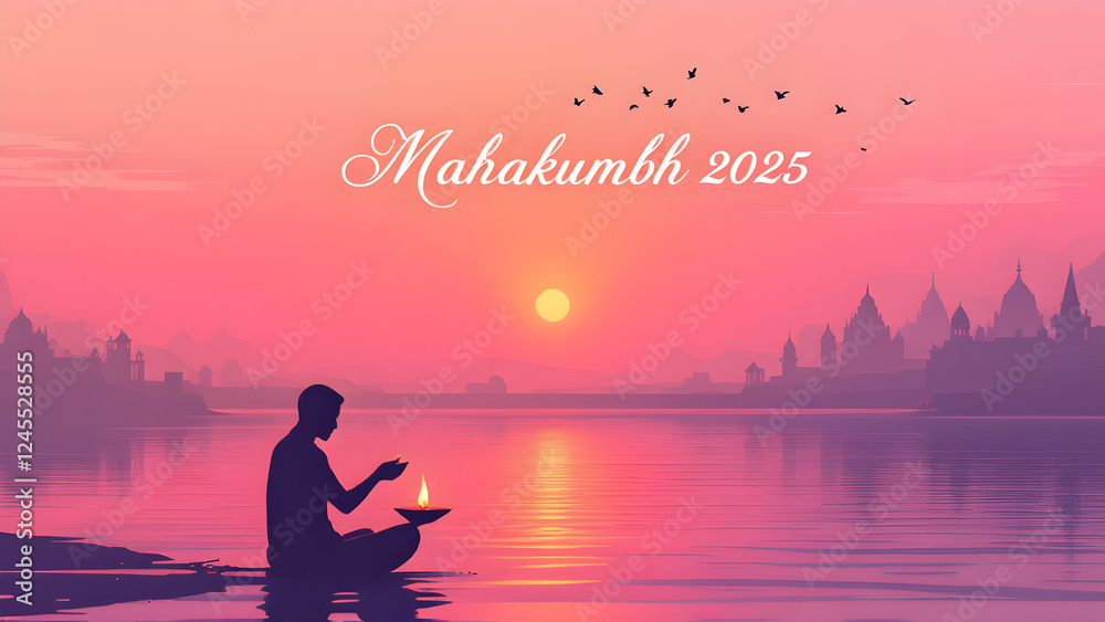 Mahakumbh 2025 poster illustration with beautiful sunset background ...