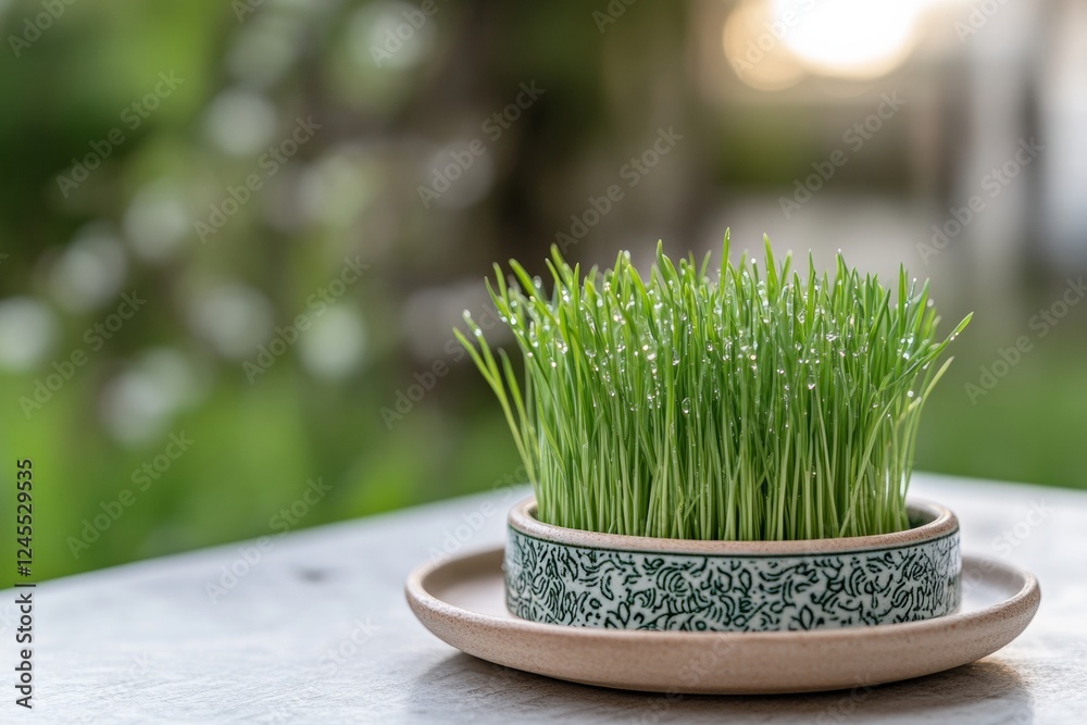 Eco-Chic Nowruz Vibrant Wheatgrass Display on Artisan Plate - Spring ...