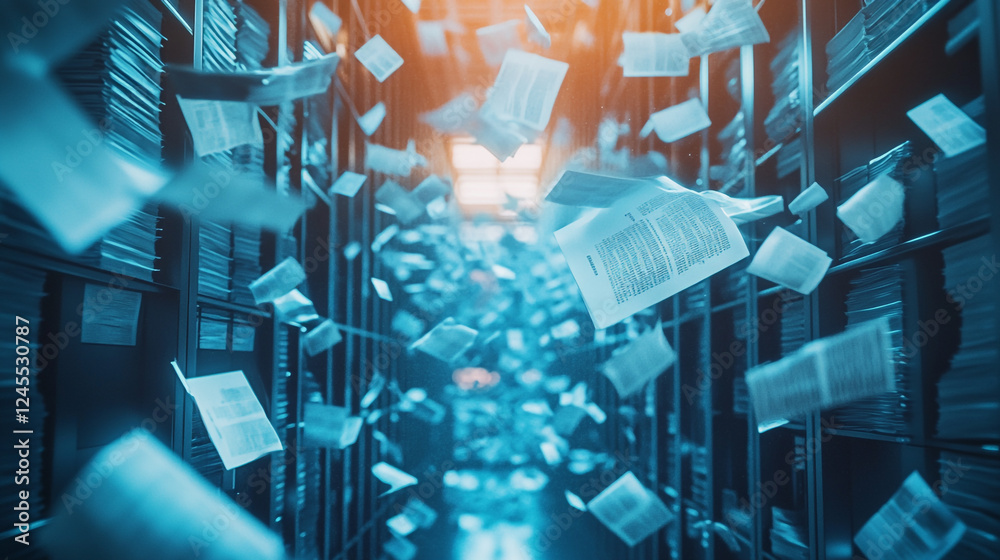Abstract Blue Archive Papers Flying Documents Chaos Concept Wind Data ...