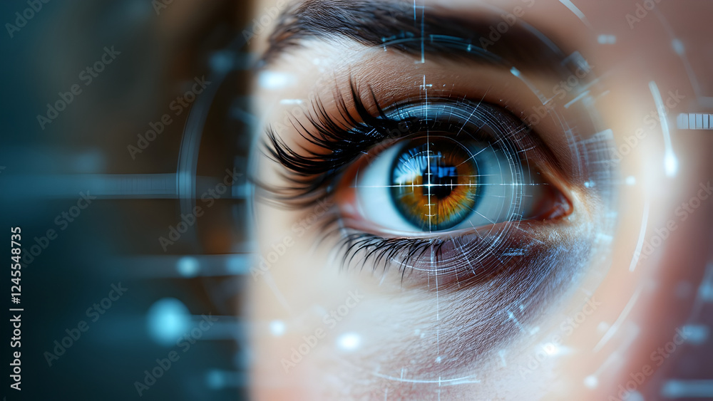 eye surgery concept, close up of female amber eye with digital ...