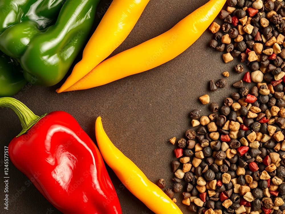 Colorful mix of pepper grains and flakes in red, green, yellow, and ...