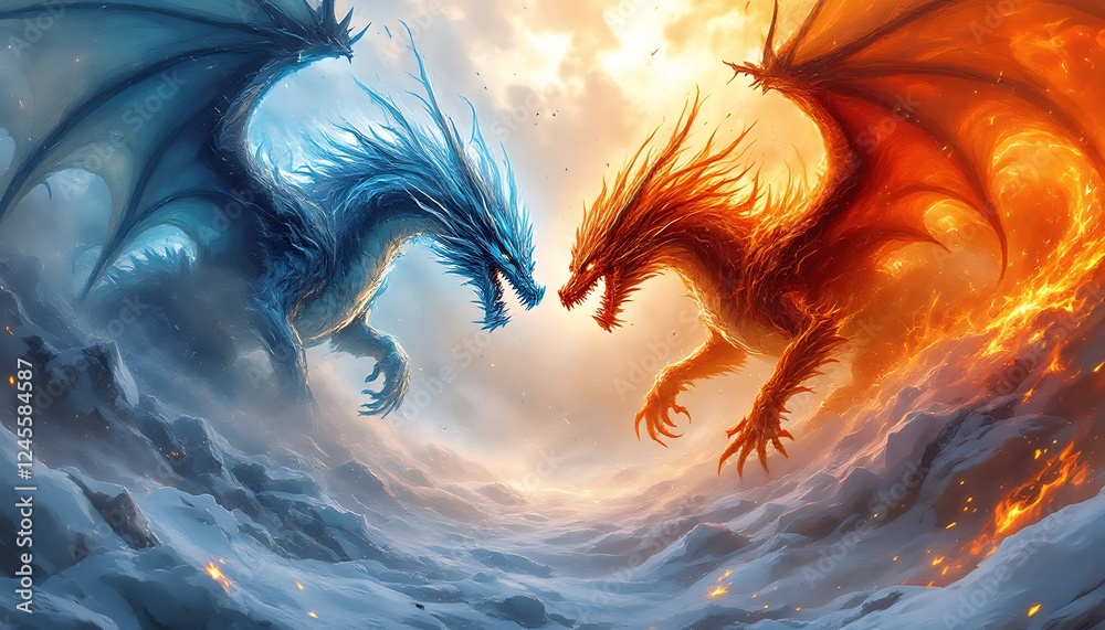 Epic Ice and Fire Dragons Battle Fantasy Art Stock Illustration | Adobe ...