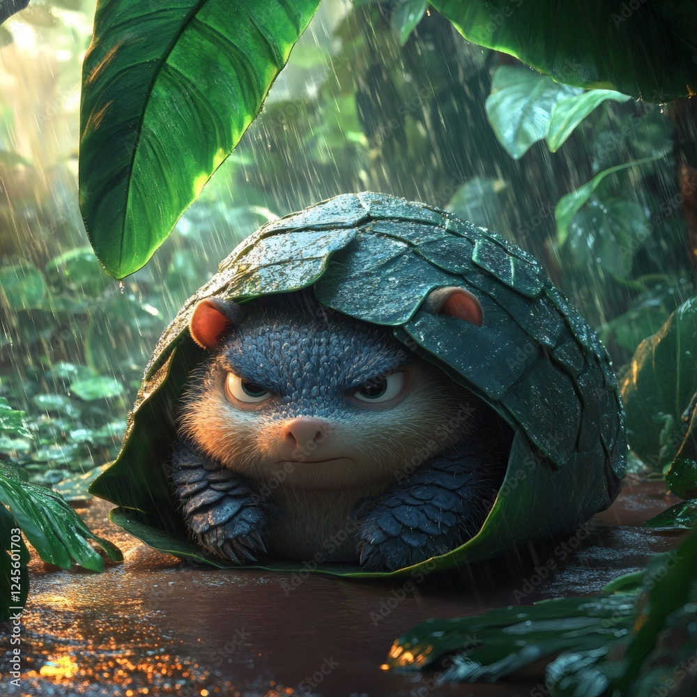 Grumpy armadillo curls under a giant jungle leaf glaring at the rain ...