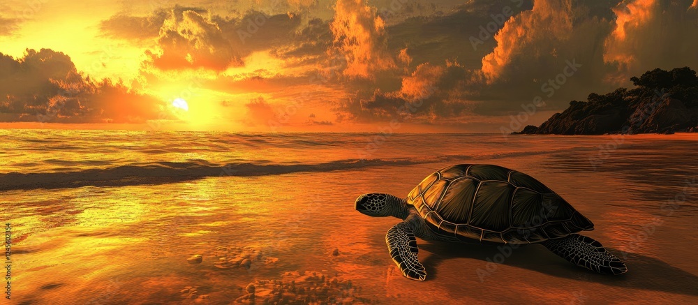 Elegant sea turtle gracefully swimming in sunset-lit waters, rich ...
