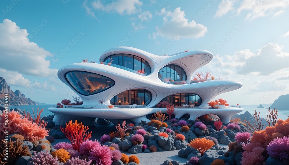 Ultra-modern 8K desert mirage house with hovering pods reflective ...