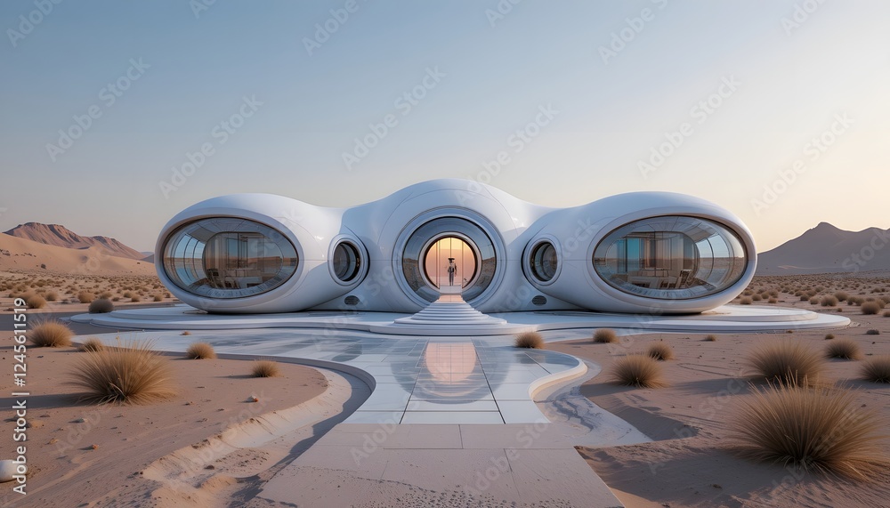 Ultra-modern 8K desert mirage house with hovering pods reflective ...