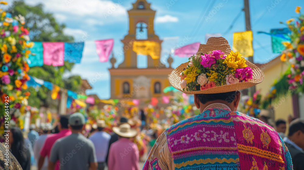 Fiesta de San Expedito procession in a small town, people wearing ...