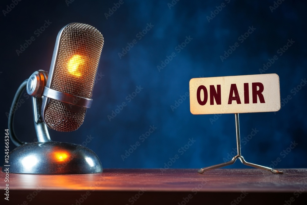 Vintage microphone broadcasting on air, studio, smoky background Stock ...