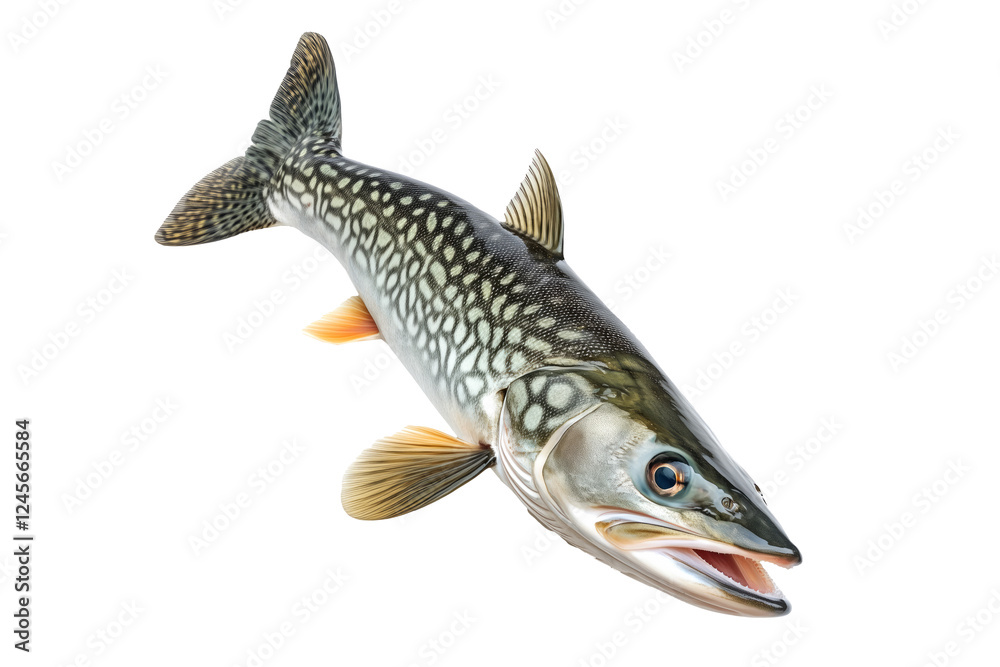 Detailed northern pike fish with spotted scales, fins and sharp jaw ...
