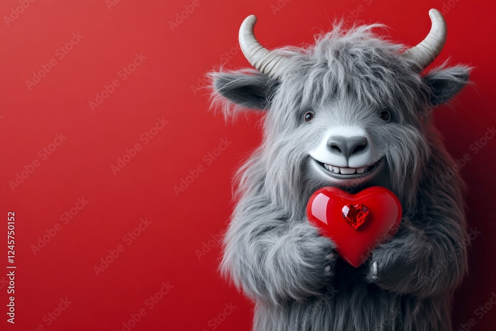 Cute yak baby with diamond red heart - emblem of love, funny greeting ...
