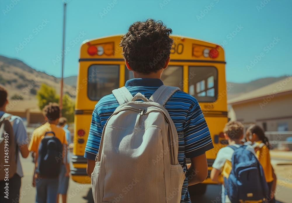 Middle School Boy with Dark Skin Standing in Front of Yellow Bus at ...