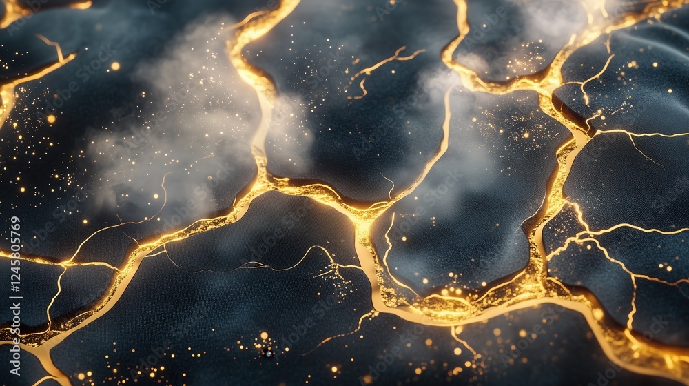 Dark-gray and gold luxury background. Burning gold leaf cracks on black ...