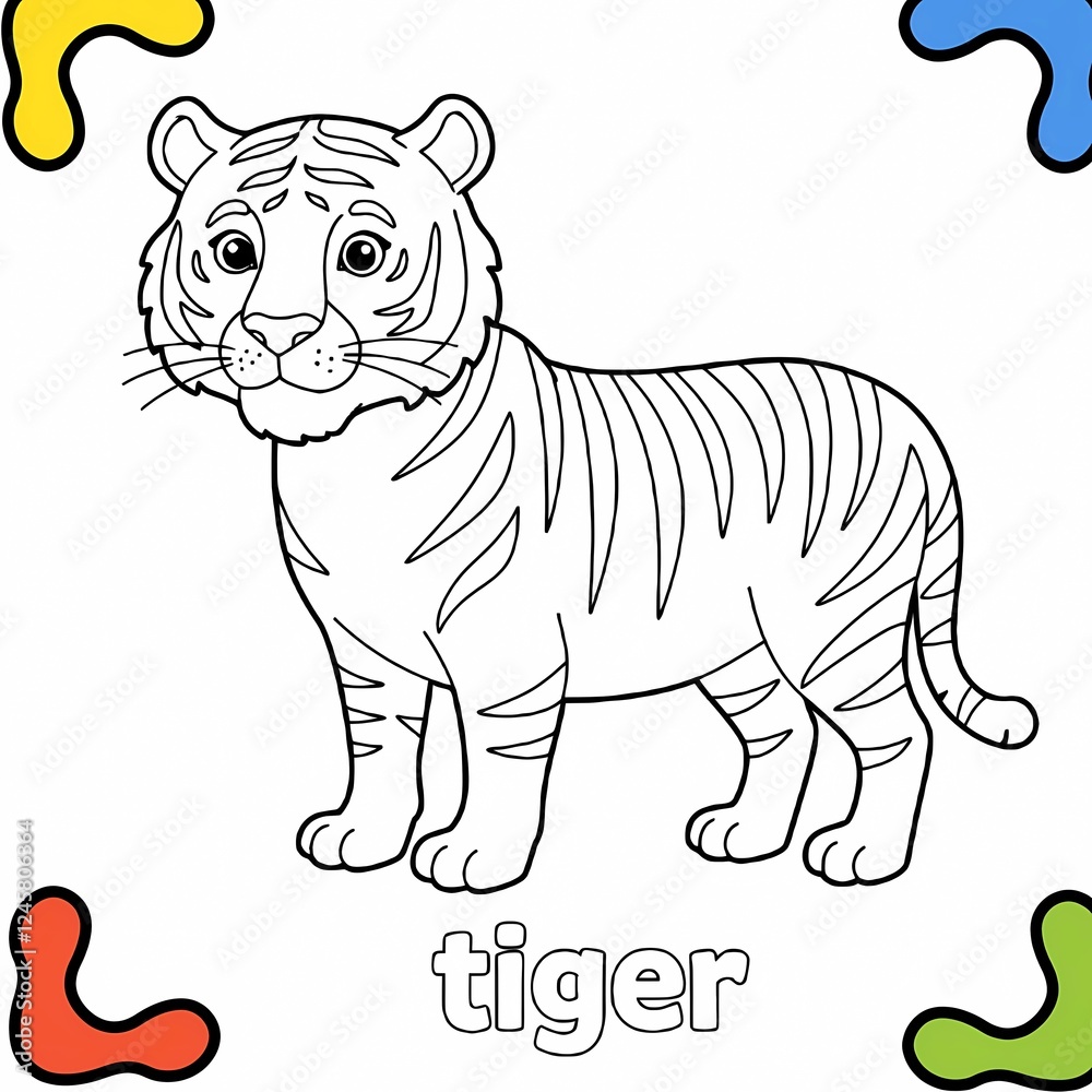 Cute Tiger Coloring Page for Kids – Printable Black and White Animal ...