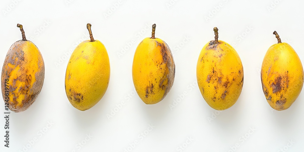 Phases of decay in five yellow mangos positioned in a line against a ...