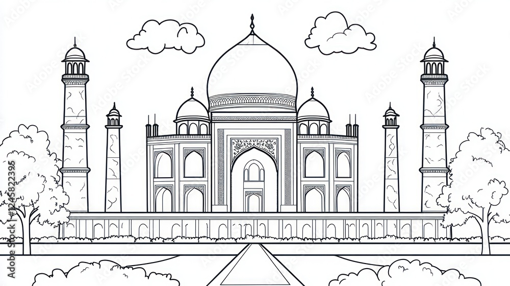 Taj Mahal, India Coloring page, serene background Stock Illustration ...