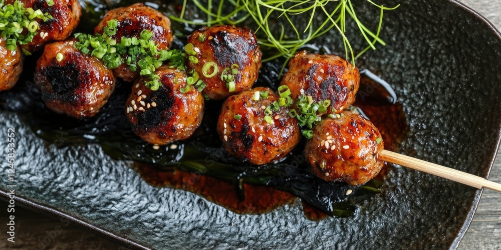 Deliciously grilled Tsukune meatballs with hijiki seaweed and sesame ...
