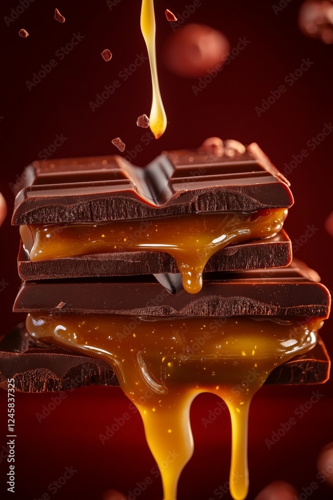 Chocolate bar breaking in half with liquid caramel oozing out, macro ...