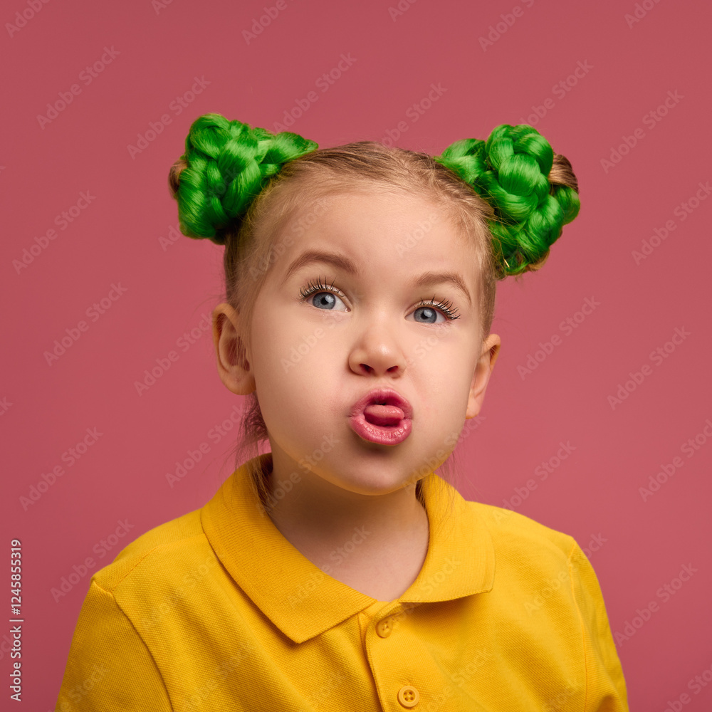 Portrait of playful child, preschool girl in yellow shirt and braided ...