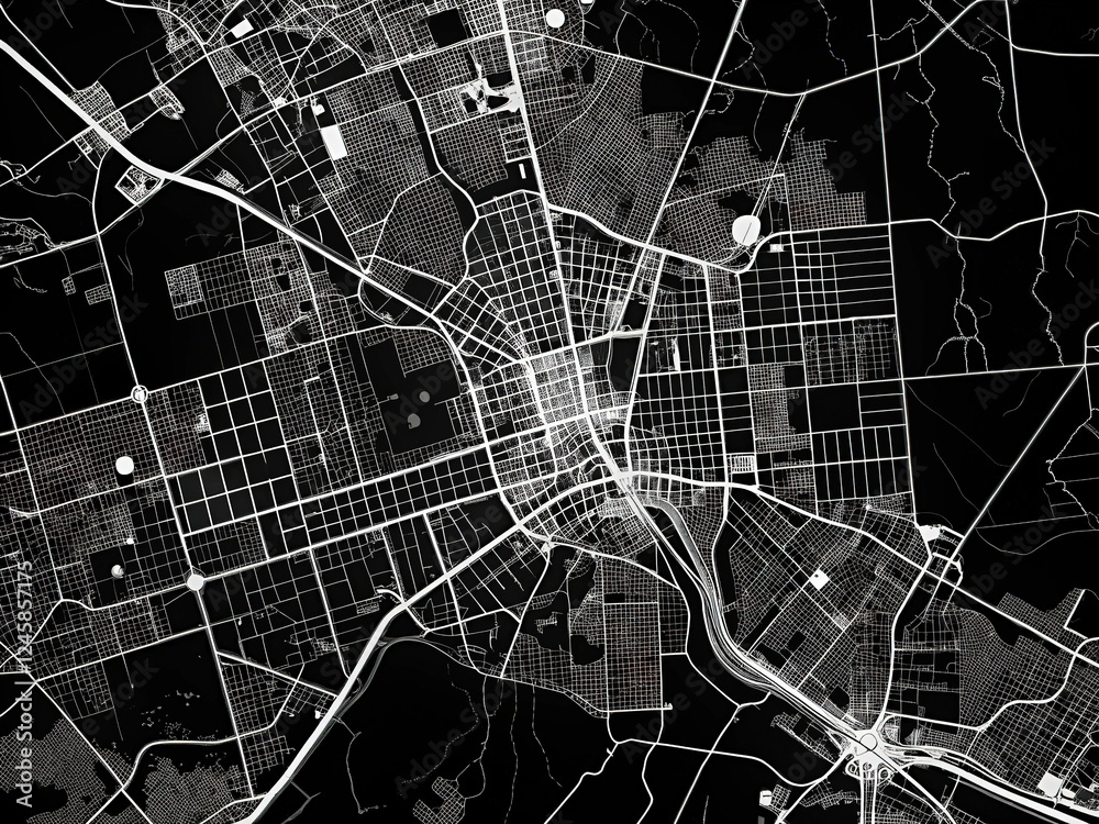 Clean lines define a minimalist Hachita NM street map, stark black and ...