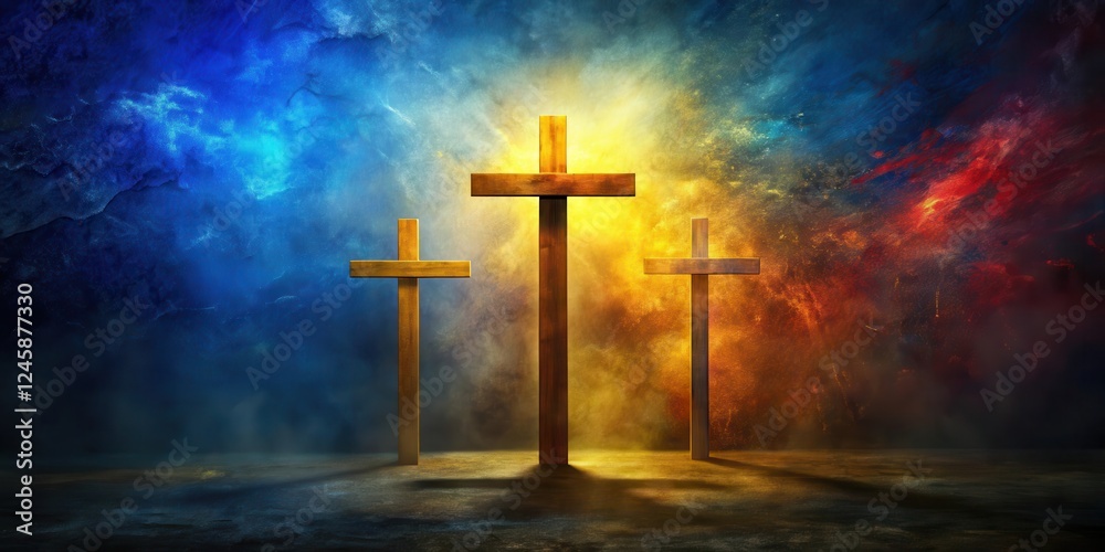 Dark abstract background with three Calvary crosses in yellow and red ...