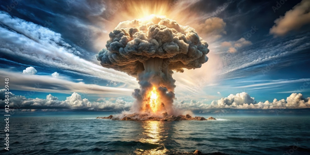 Massive nuclear explosion occurring in the depths of the ocean with a ...