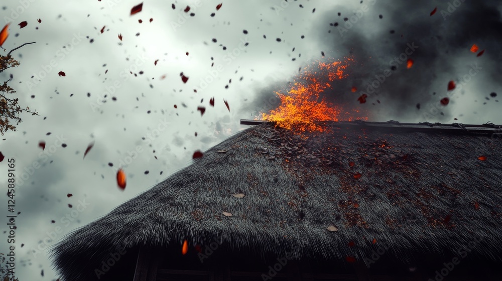 Flames erupt over thatched roof as swirling leaves dance in gusty winds ...