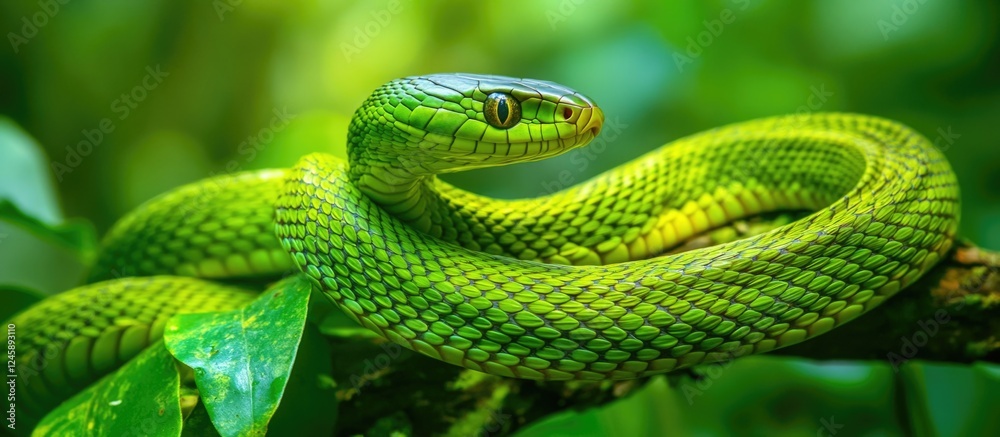 Green Vine Snake Ahaetulla nasuta in lush vegetation Western Ghats ...