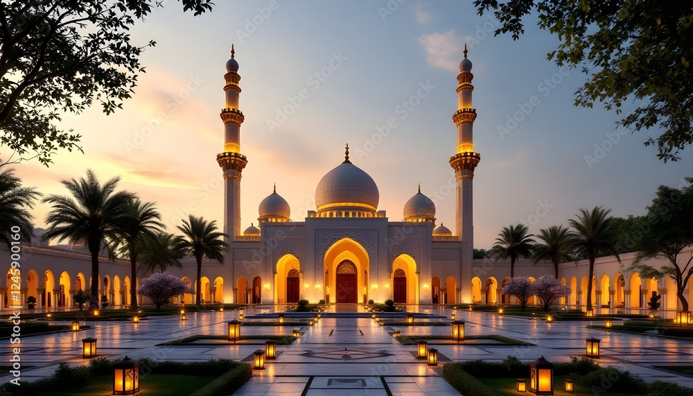 beautiful mosque with light leak orange in evening moment Stock Photo ...