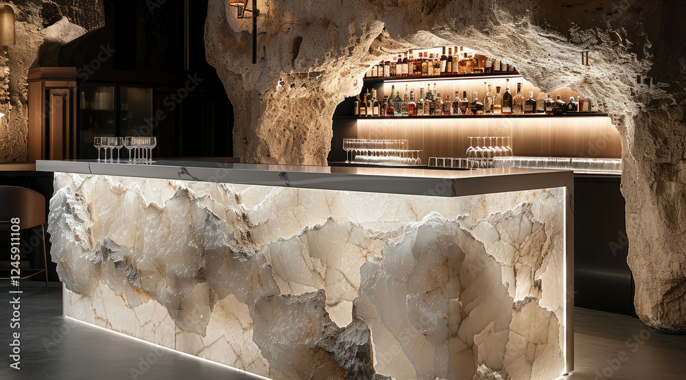A bar counter crafted from a solid block of ancient white marble, with ...
