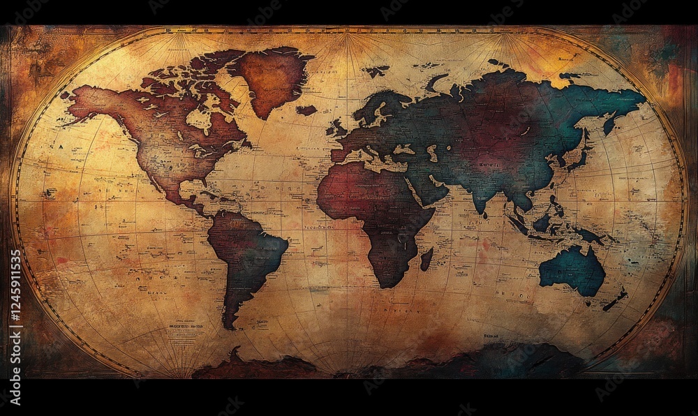 Abstract Expressionist World Map with Bold Colors and Dramatic Light ...