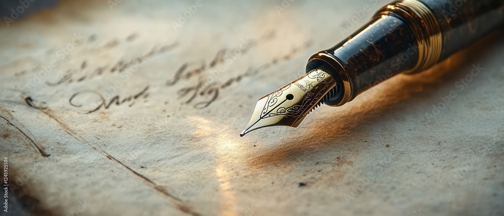 Vintage Fountain Pen Over Antique Parchment Letter with Handwritten ...