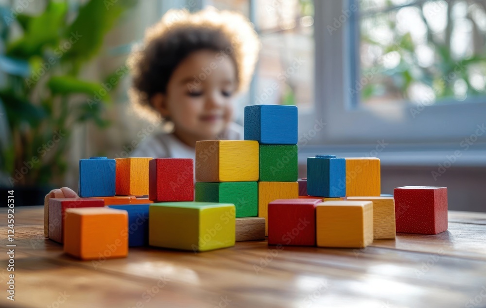 Little children playing with colorful building blocks in a classroom ...