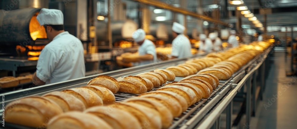 Bread production line in a bakery factory with bakers working and fresh ...