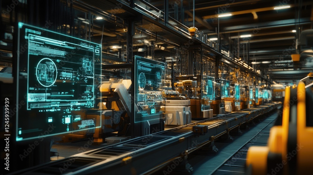 Machines on a factory floor connected via a 5G network, each labeled ...
