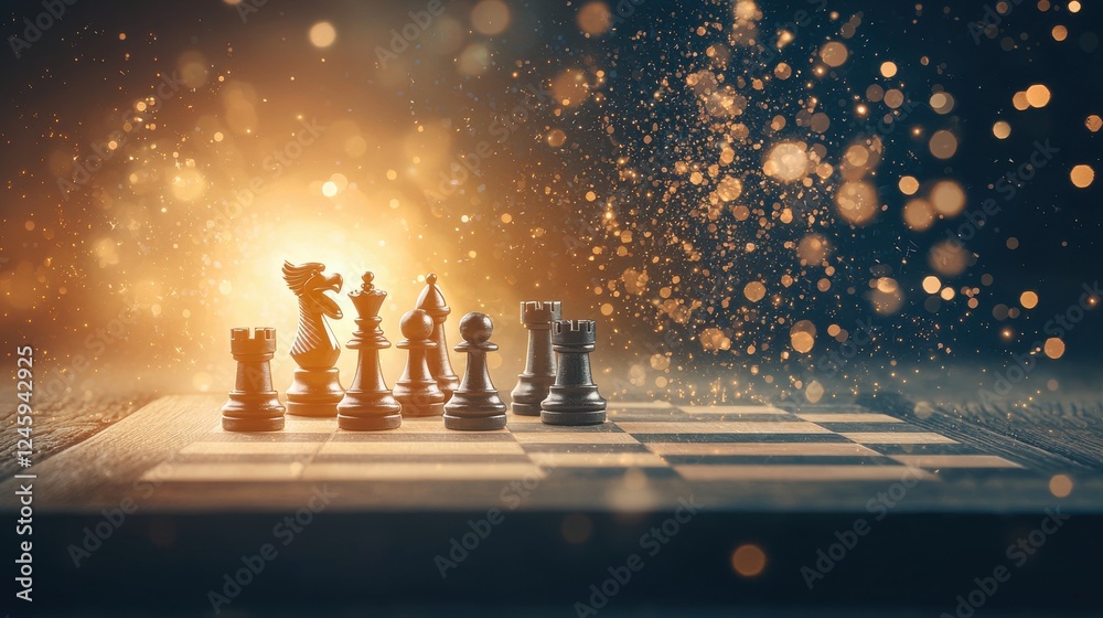 Strategic chess game overhead shot dramatic lighting intense ...