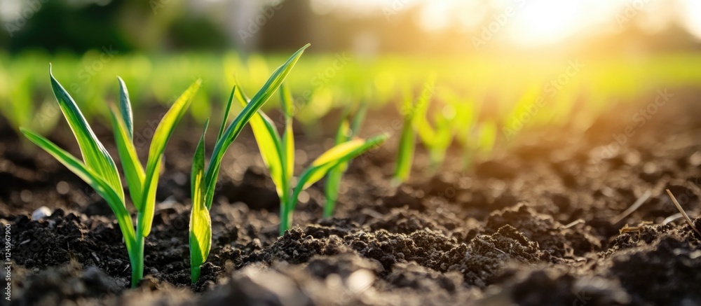 Close-up of vibrant barley sprouts in rich soil showcasing sustainable ...