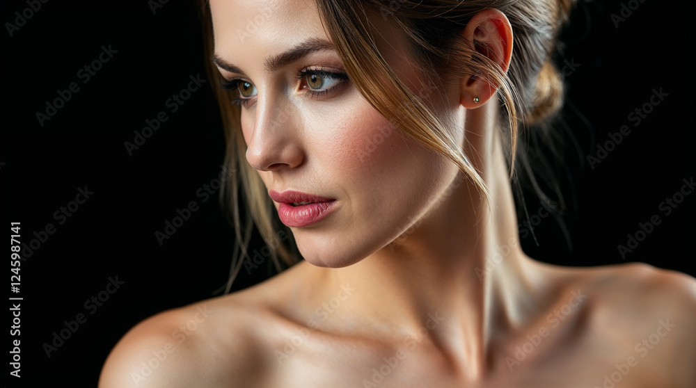 Fashionable photo of elegant woman with bare shoulders. Profile side ...