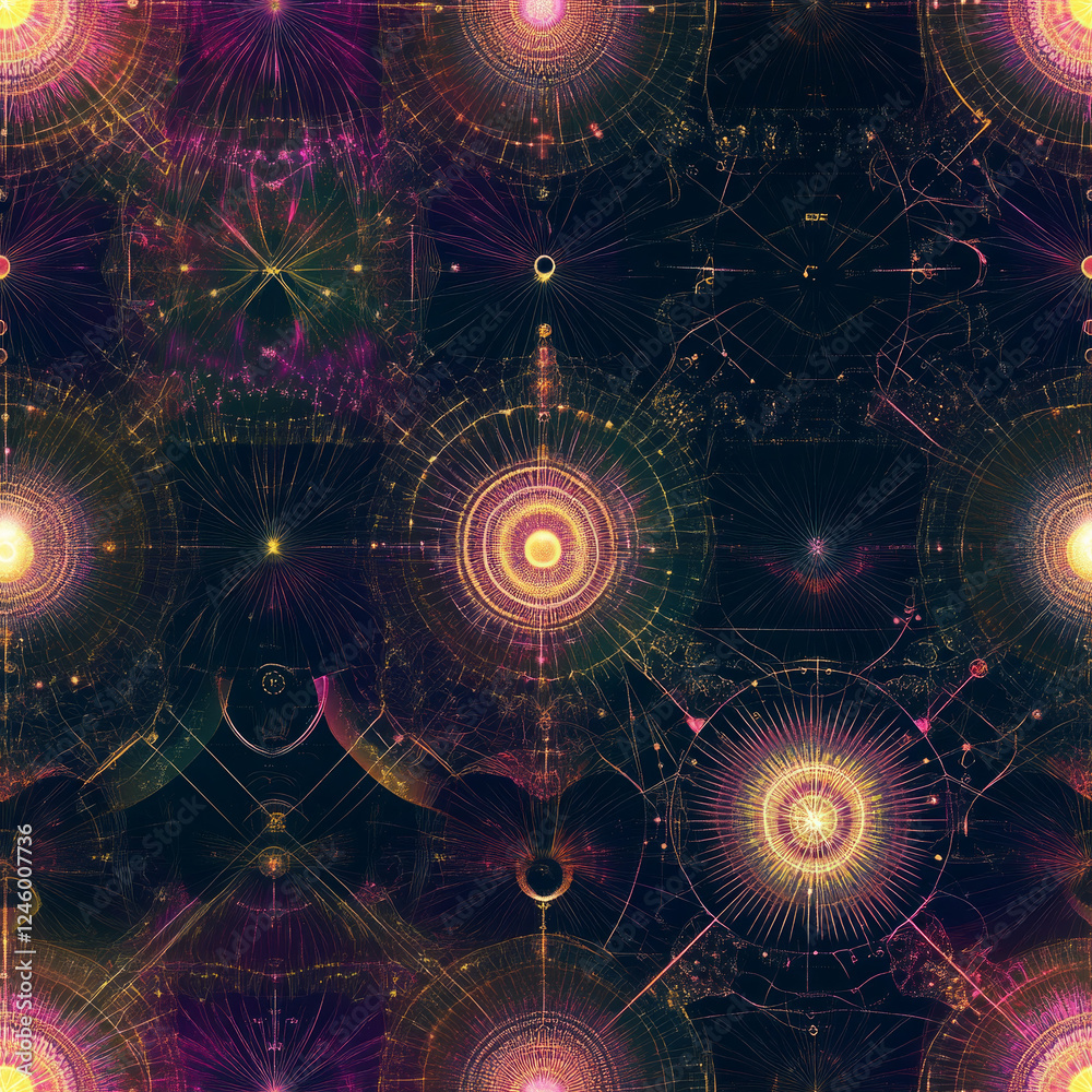 Seamless pattern modern trendy glowing mandala radiating energy bursts ...