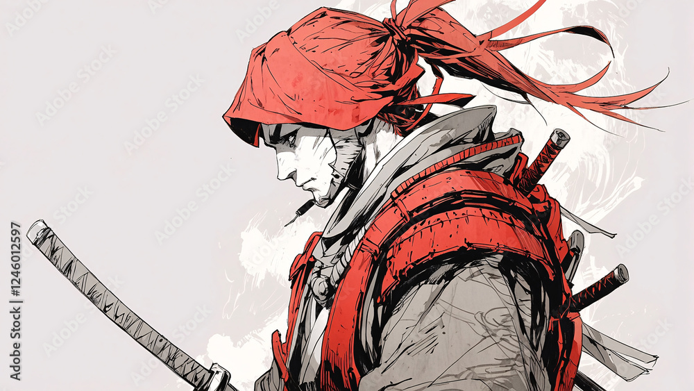 Artistic Representation of a Samurai Warrior in Red Kimono With a ...