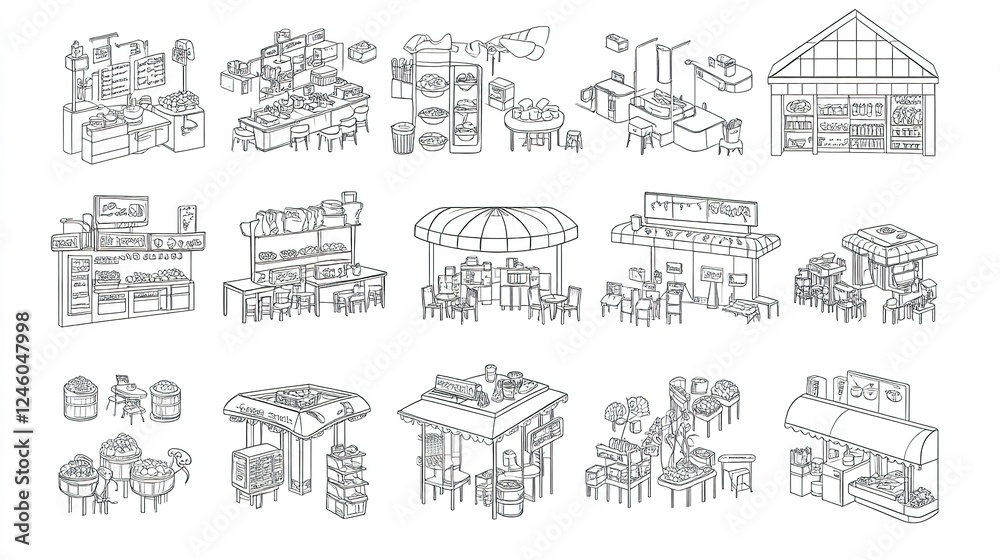 Minimalist food court icons. Outline drawings of coffee cups, ice cream ...