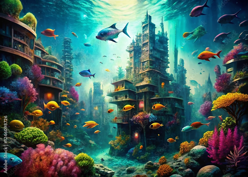 Underwater Urban Exploration: Sunken City Aquarium with Vibrant Coral ...