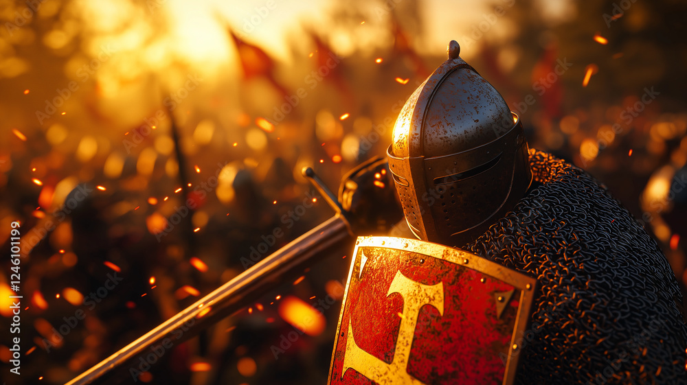 medieval knight stands ready for battle, surrounded by fierce army ...