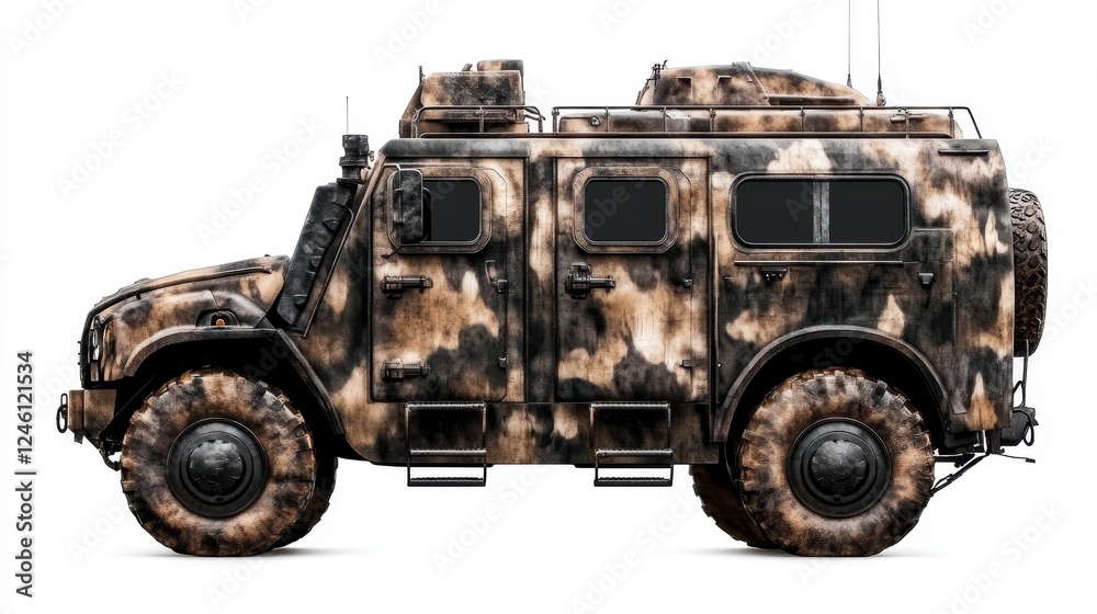 An armored military vehicle displaying a unique camouflage pattern ...