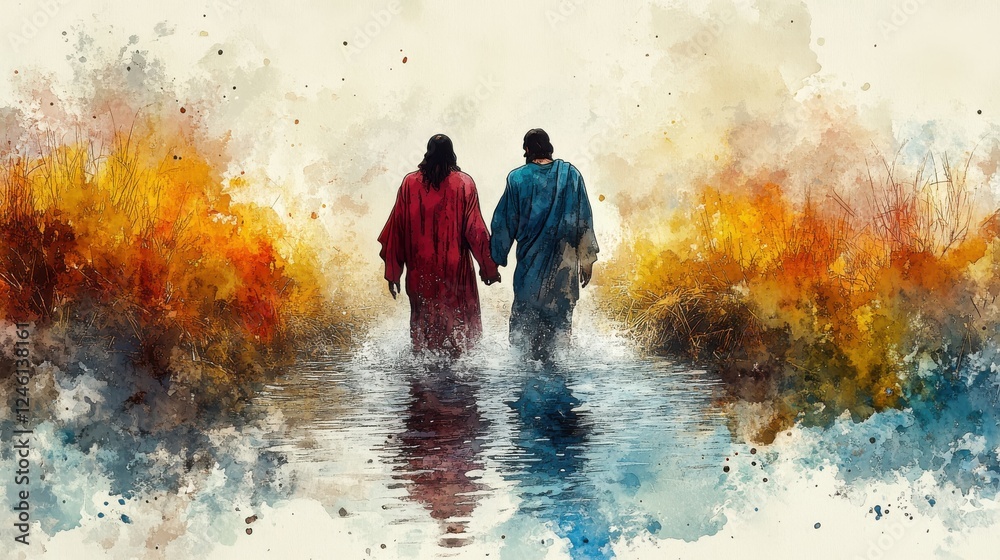 baptism of jesus jesus christ in the river with john the baptist digital watercolor painting ...