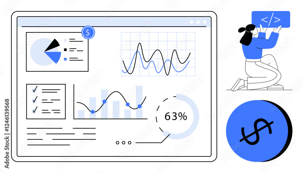 Various charts, graphs, and financial data displayed on a dashboard ...