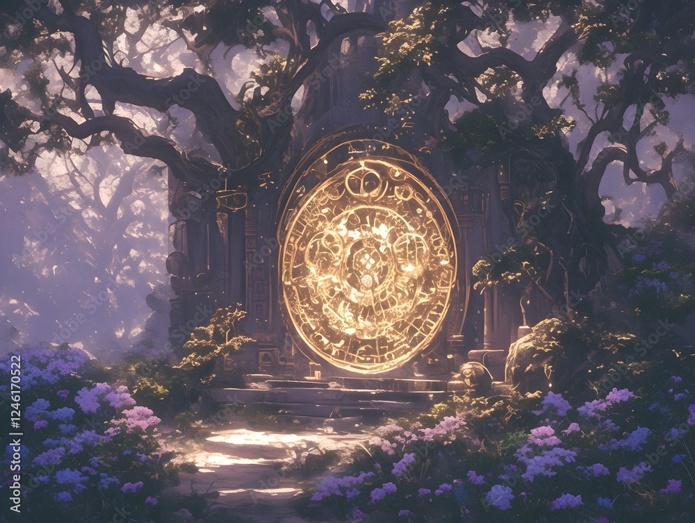 A golden magical portal on an ancient island connected to an ancient ...
