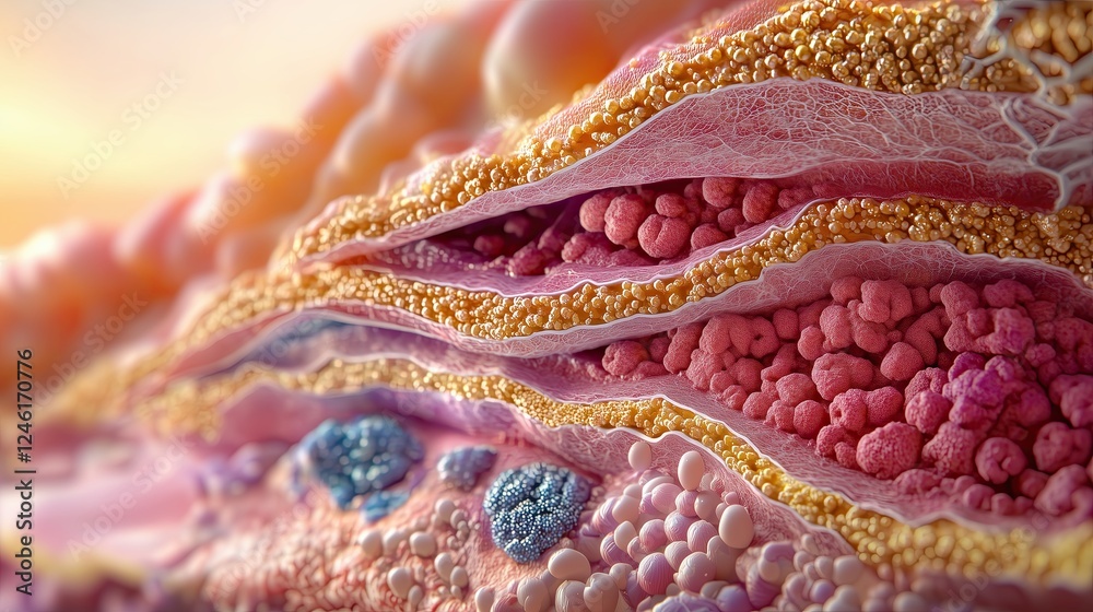 3D medical illustration showing skin and tissue layers, cross-section ...