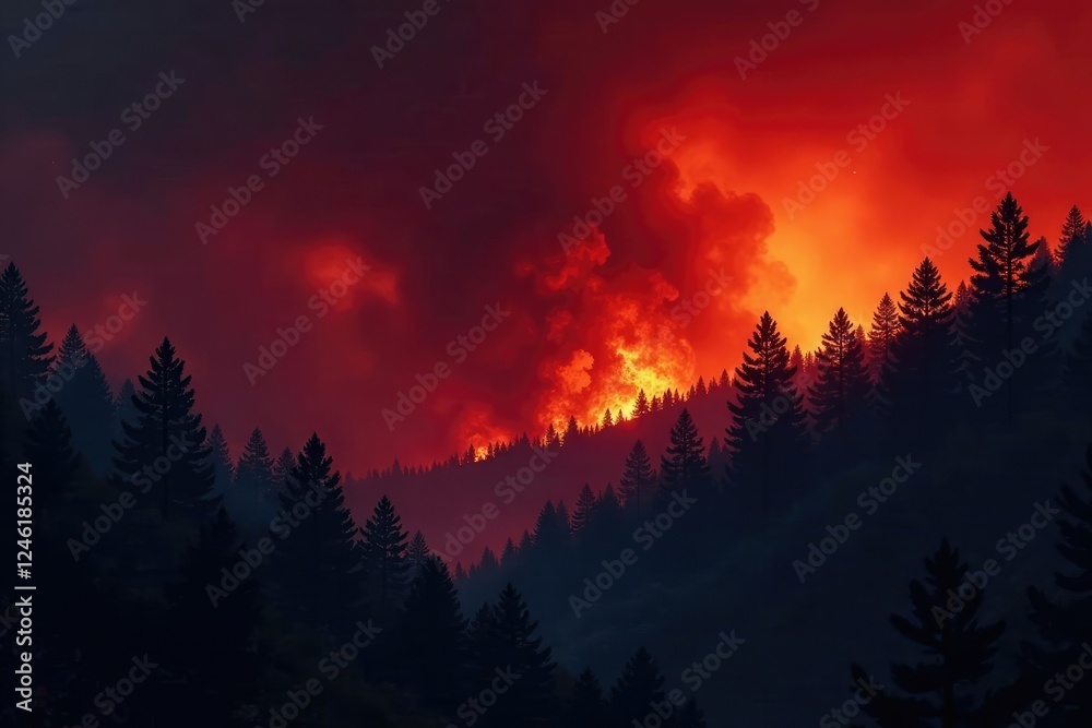Dark forest consumed by a massive wall of wildfire, forest fire ...